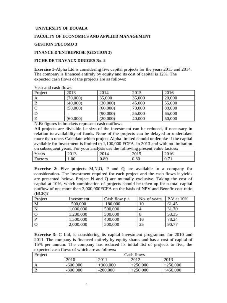 TD 2 Finance D'en'Se Gestion 3-Ecomo 3 | PDF | Cost Of Capital | Net Present Value