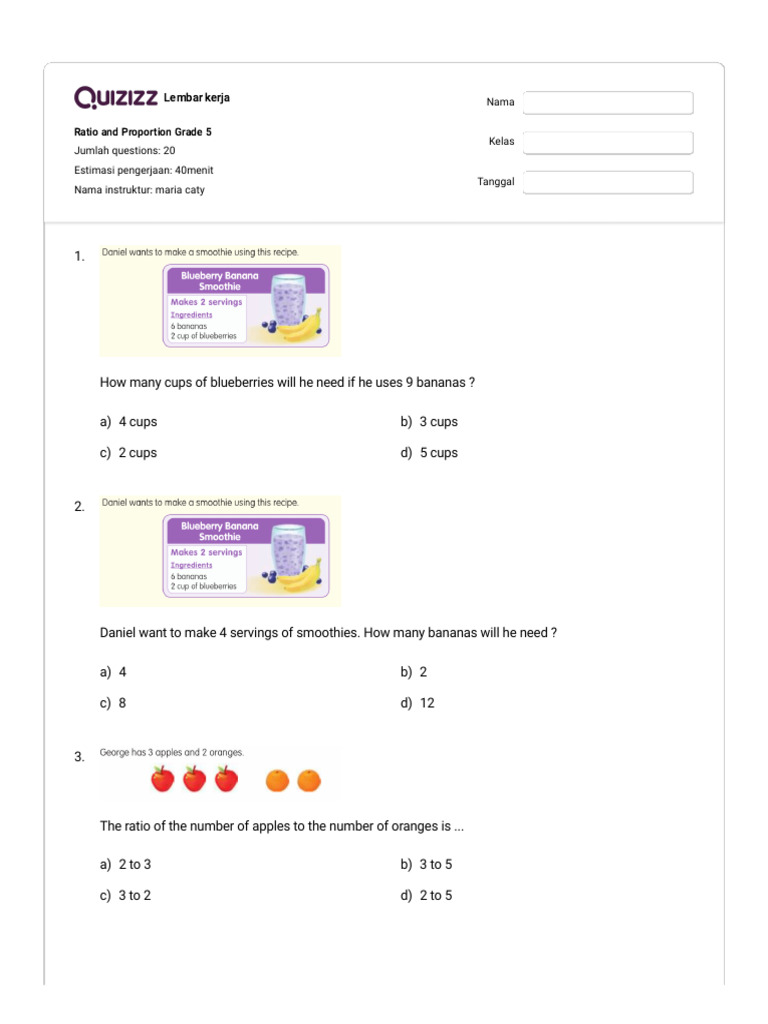 Ratio and Proportion Grade 5 _ Quizizz | PDF | Fruit | Edible Fruits