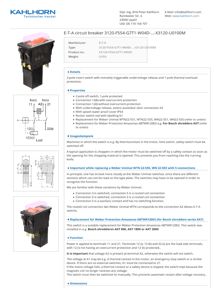 E-T-A Circuit Breaker 3120-F554-G7T1-W04D-... - X3120-U0100M: Details ...