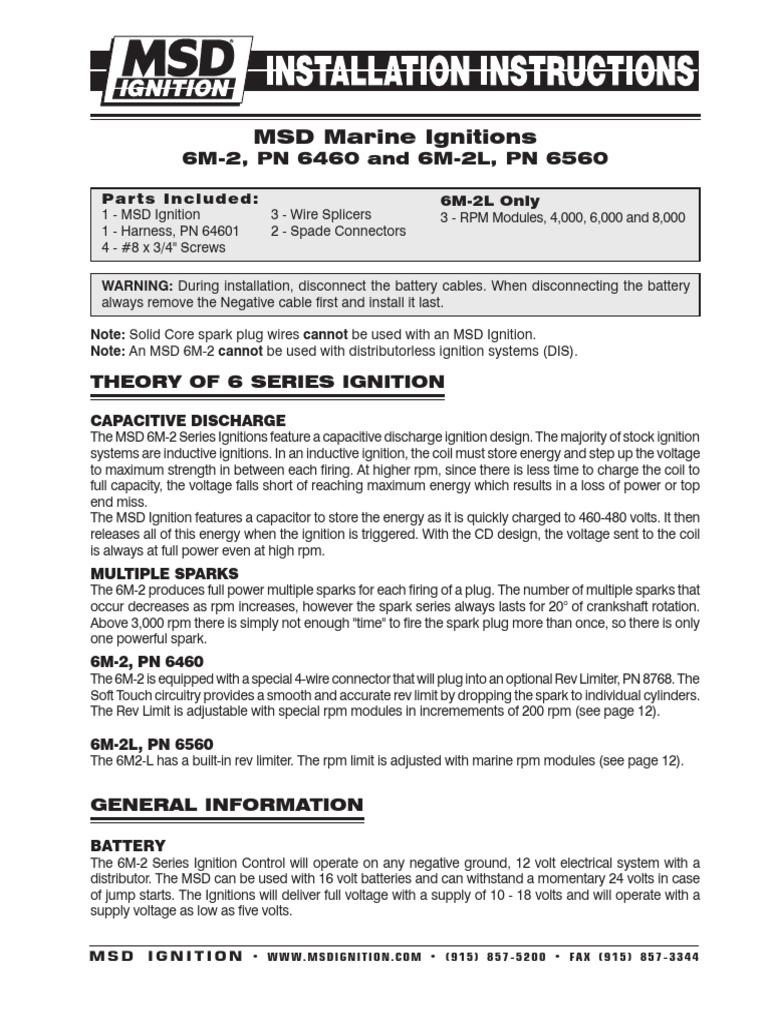 MSD Marine Ignitions: 6M-2, PN 6460 and 6M-2L, PN 6560 | PDF | Ignition ...