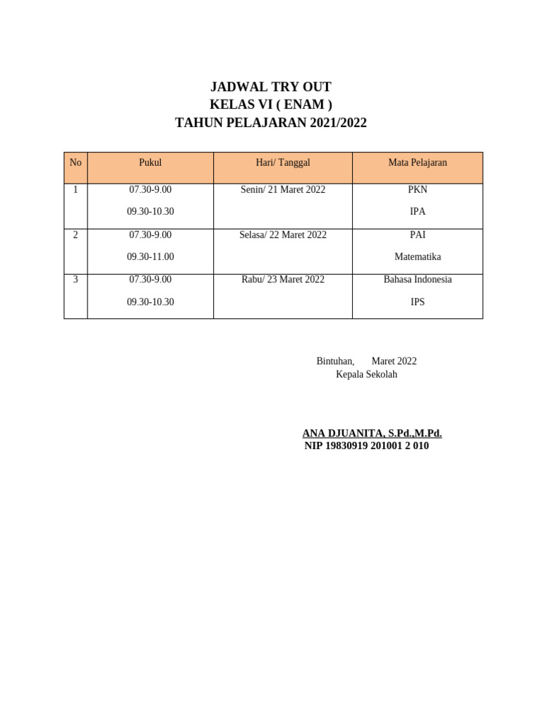 Jadwal TRY OUT Kls VI Tahun Pelajaran 2021-2022 | PDF