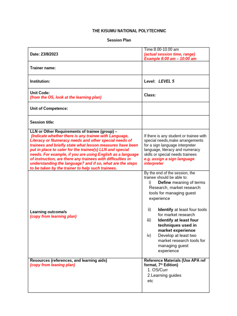 B. Session Plan Template, Sample | PDF | Learning | Education Theory