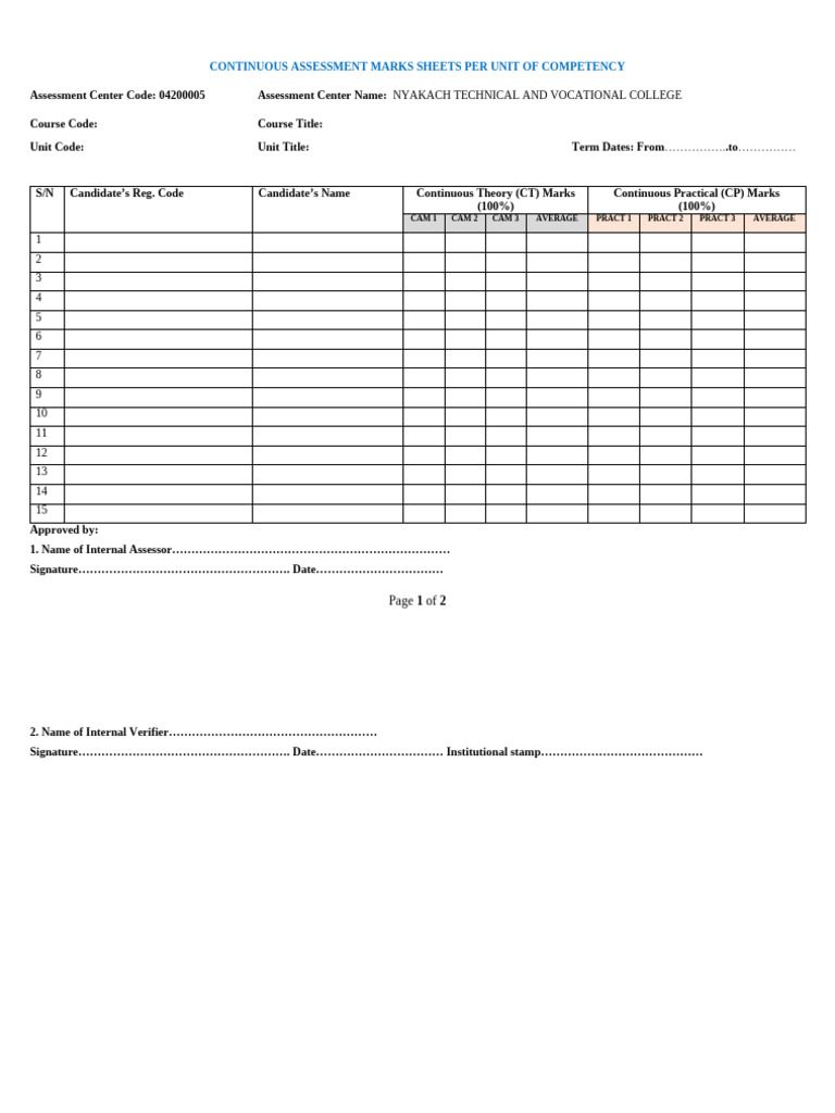 Continous Assessment Marks Sheets Per Unit of Competency | PDF