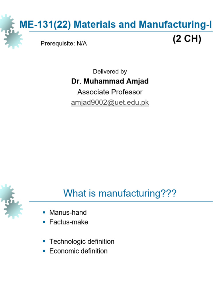 Week 2.2 Introduction To Manufacturing | PDF