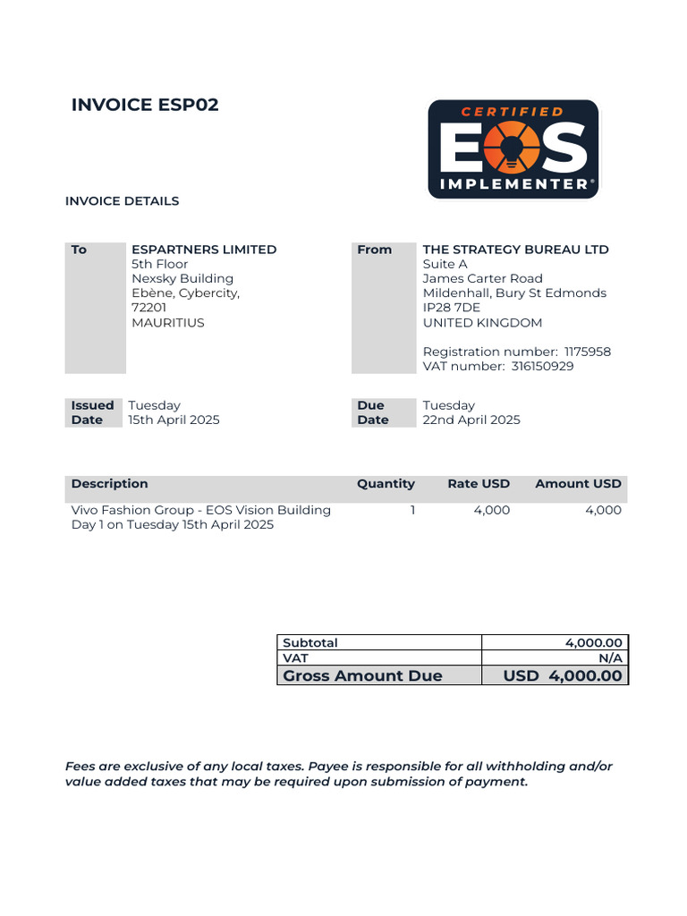 INV - ESP02 - ESPartners Limited - Due 24th April 2025.docx 33 | PDF | Payments | Money