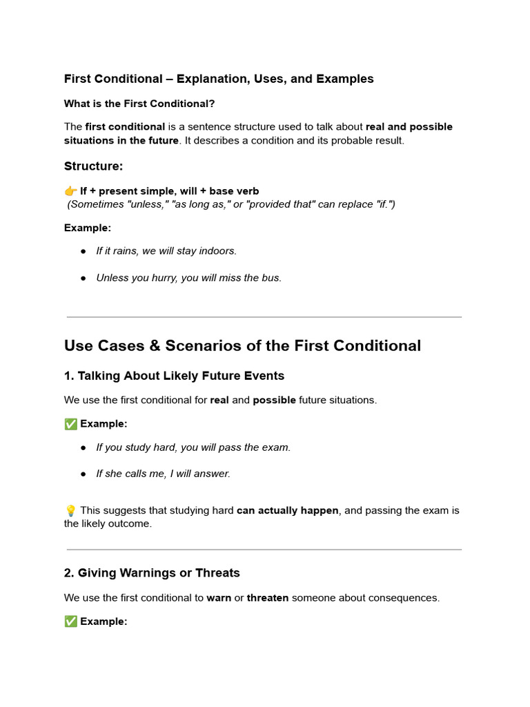 First Conditional – Explanation, Uses, and Examples | PDF