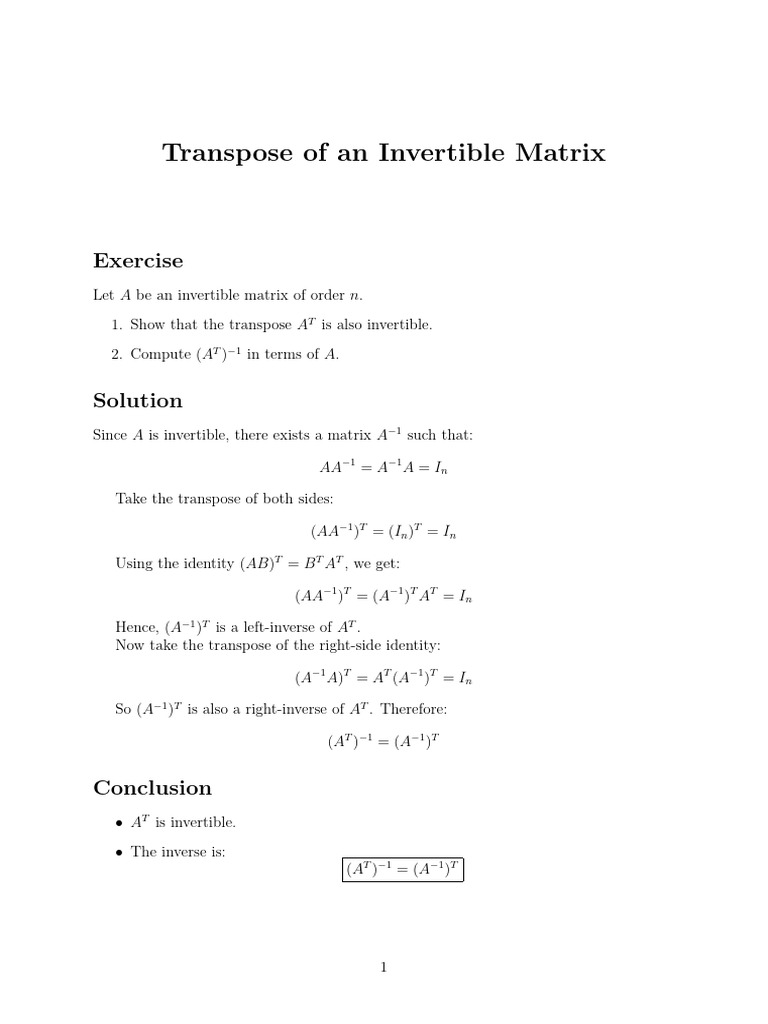 Transpose of An Invertible Matrix | PDF