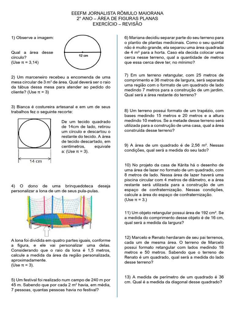 Revisao 1 (Area e Teorema de Pitagoras) | PDF | Área