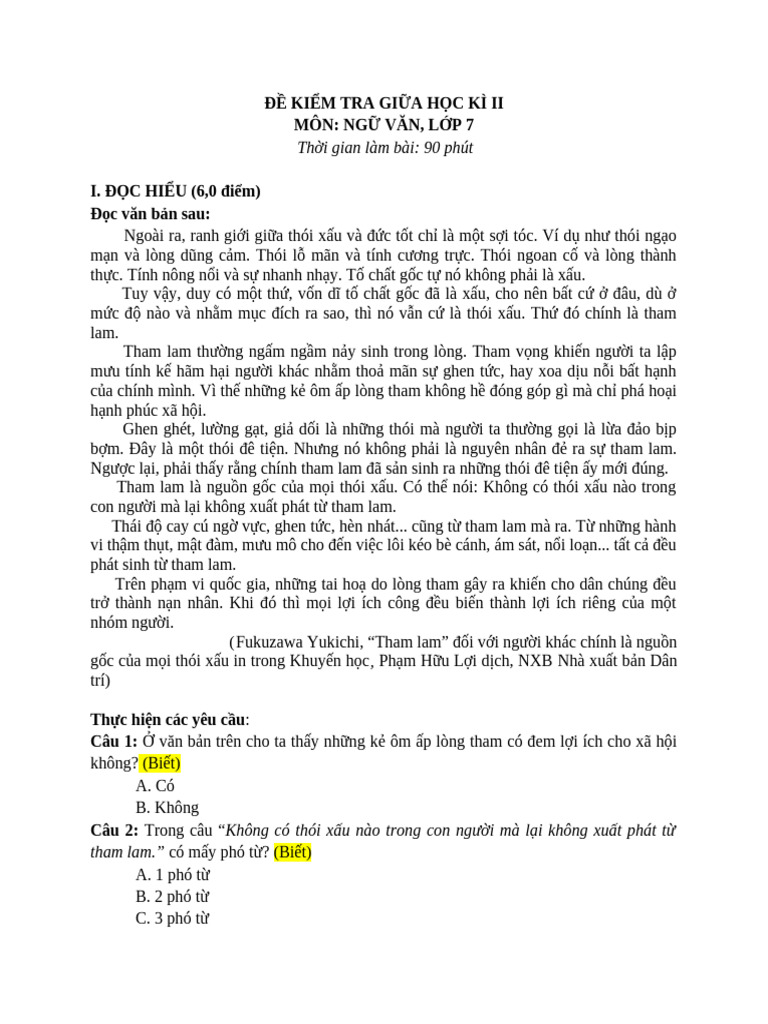 đề văn 7 gki | PDF