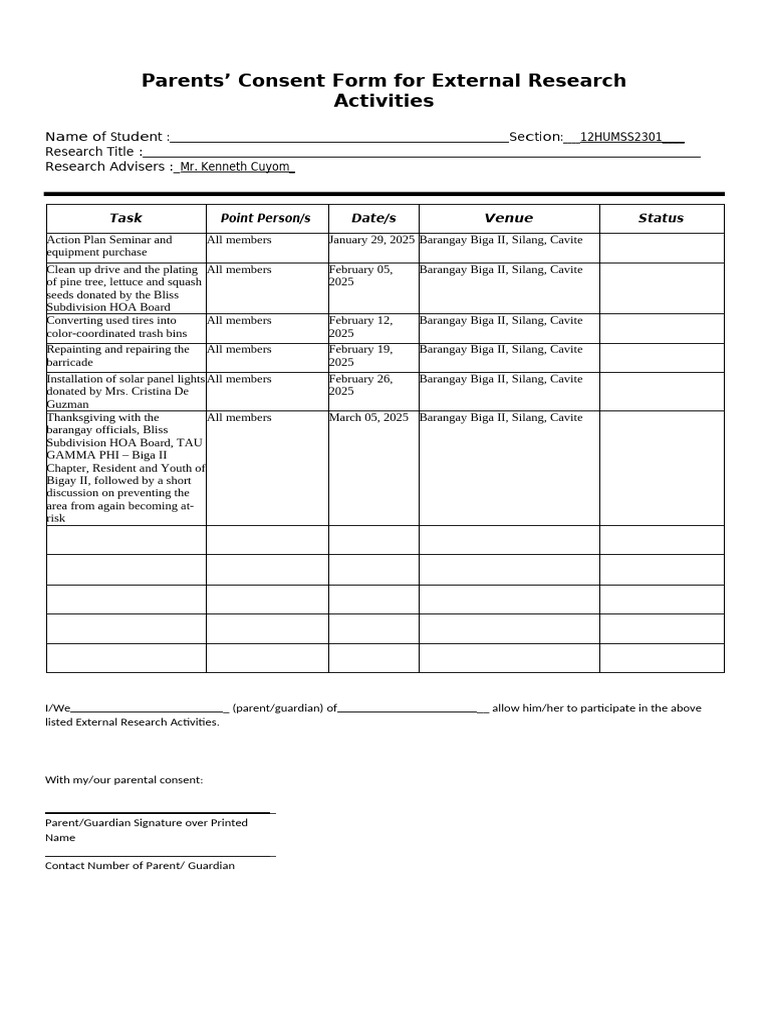 Parents' Consent for Research Activities | PDF