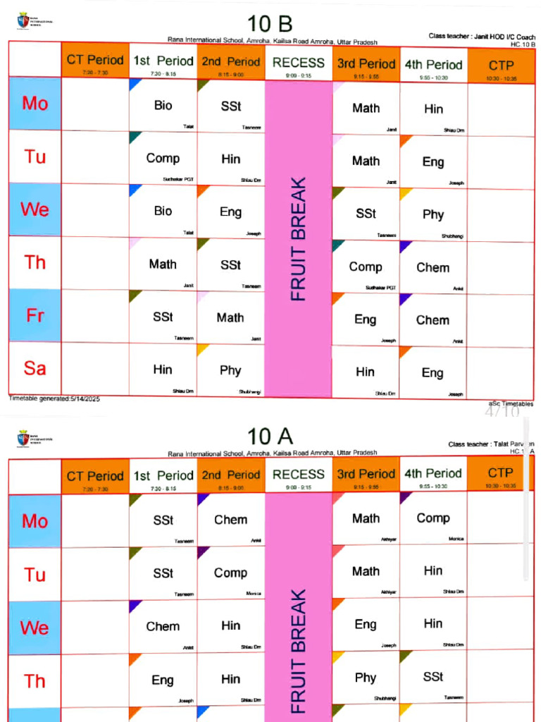 Time Table of Class X | PDF