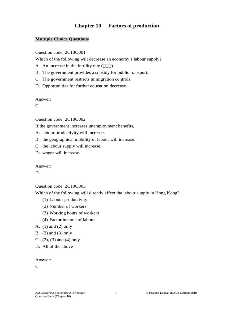 Factors of Production: Multiple Choice Questions | PDF | Labour ...