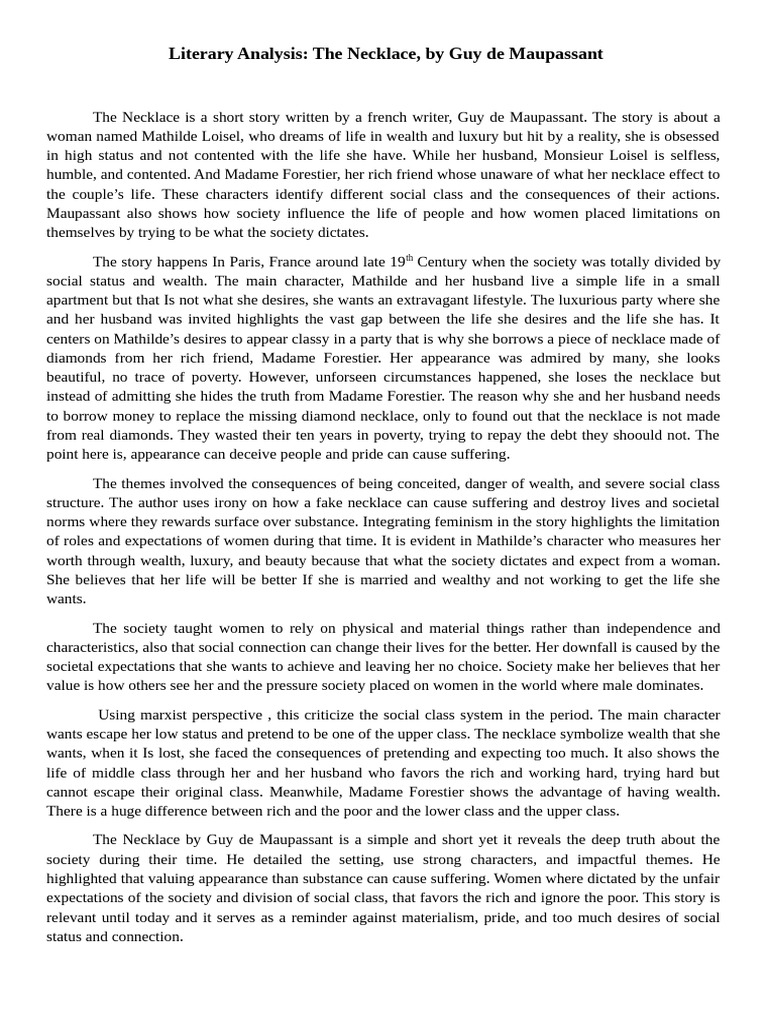 The Necklace (Literary Analysis) | PDF