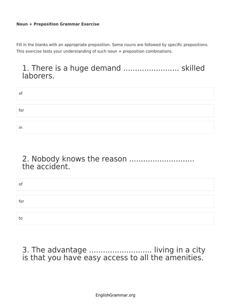 Noun + Preposition Grammar Exercise | PDF | Linguistic Morphology | Syntax