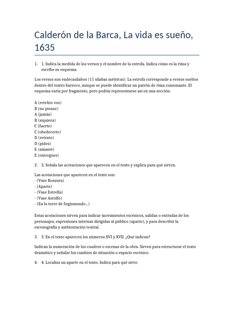 Respuestas La Vida Es Sueno | PDF