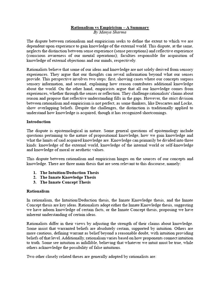 Rationalism vs Empiricism – A Summary | PDF | Rationalism | Knowledge