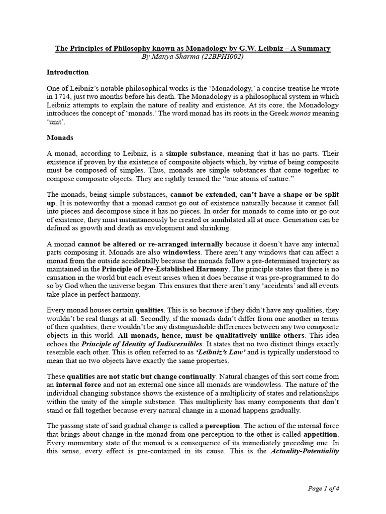 Leibniz's Monadology - A Summary | PDF | Existence | Truth