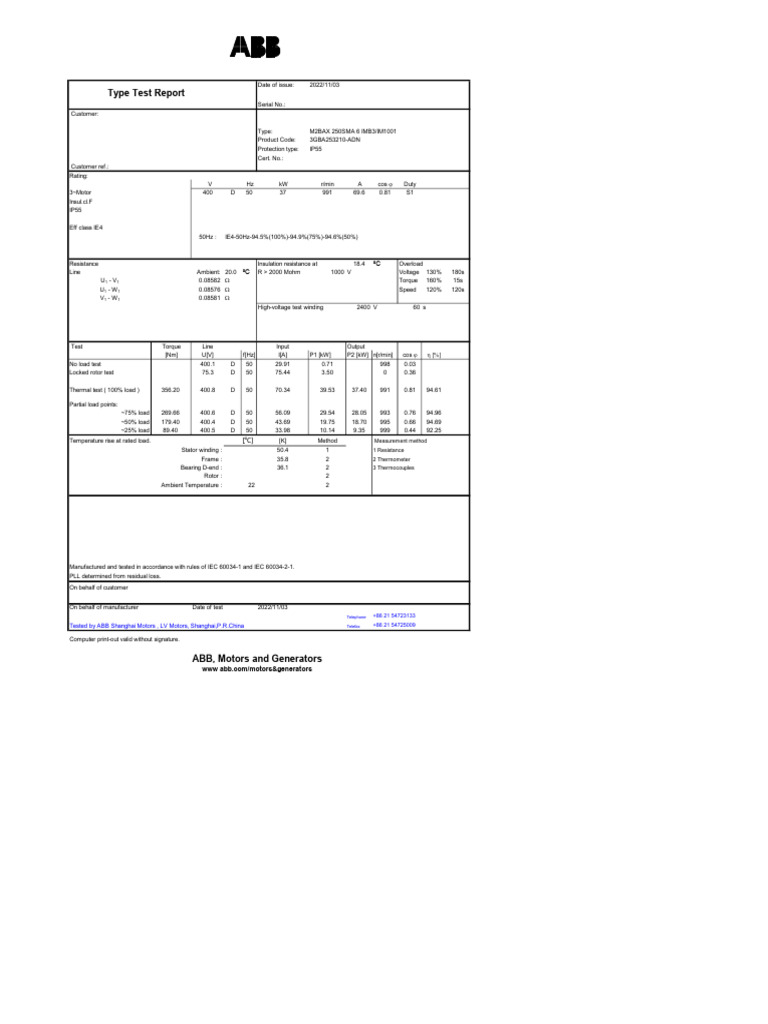 M2BAX 250SMA Motor Test Report | PDF | Machines | Electric Power