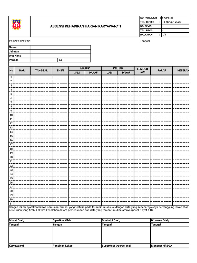 F-OPS-28 Form Absensi Kehadiran Harian Karyawan | PDF