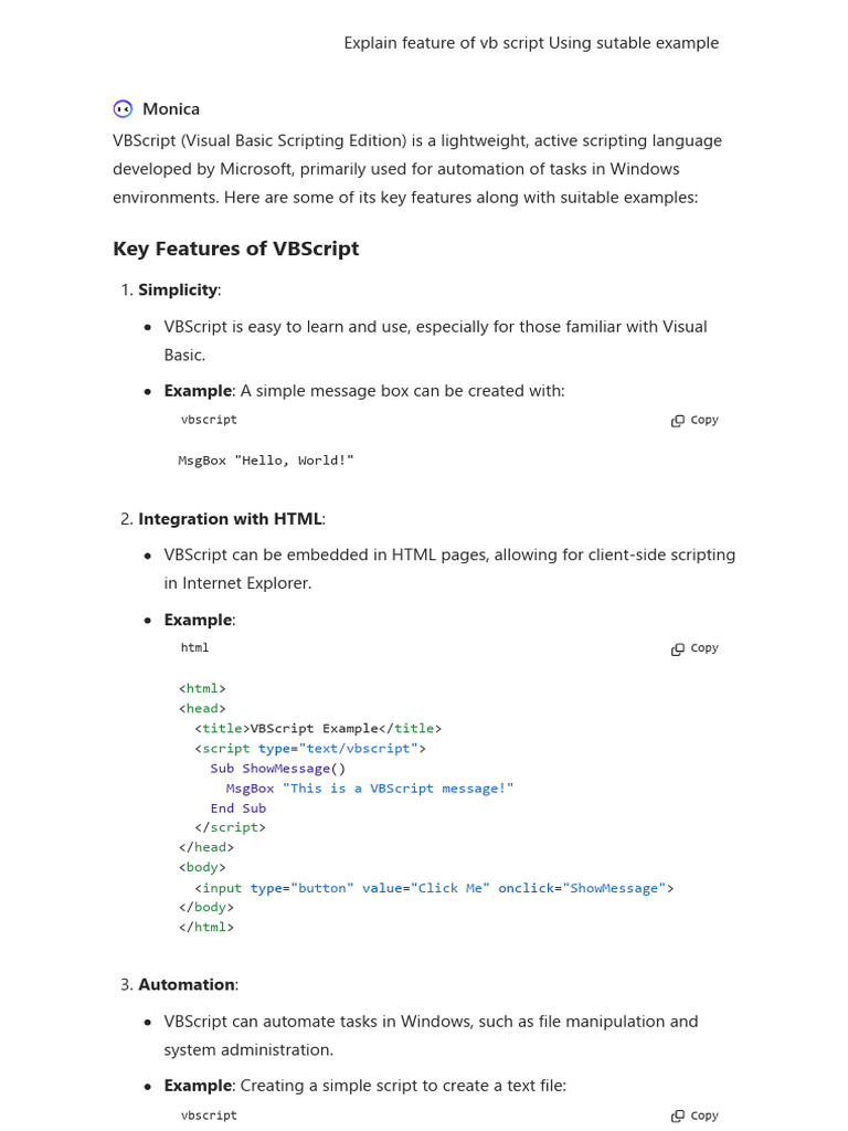 Features Of Vbscript With Examples Pdf Java Script World Wide Web 3111