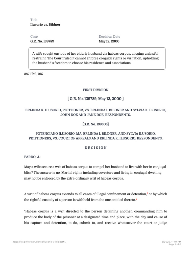 Habeas Corpus Case: Ilusorio v. Bildner | PDF | Habeas Corpus | Justice