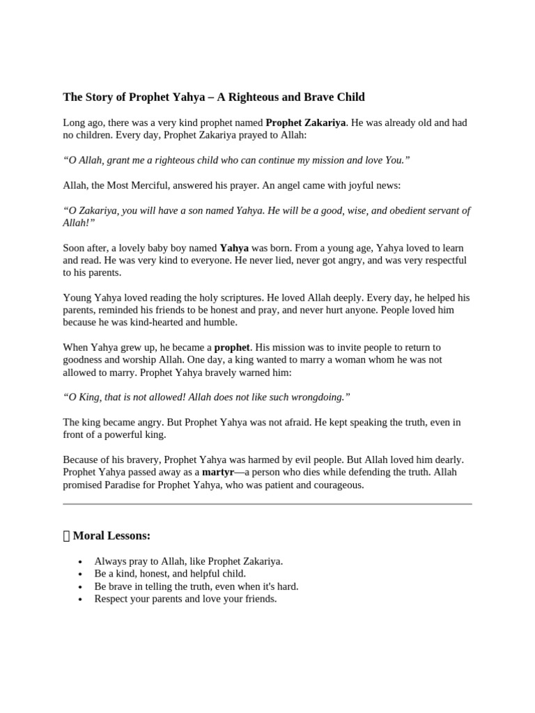 The Story of Prophet Yahya | PDF | Religious Belief And Doctrine
