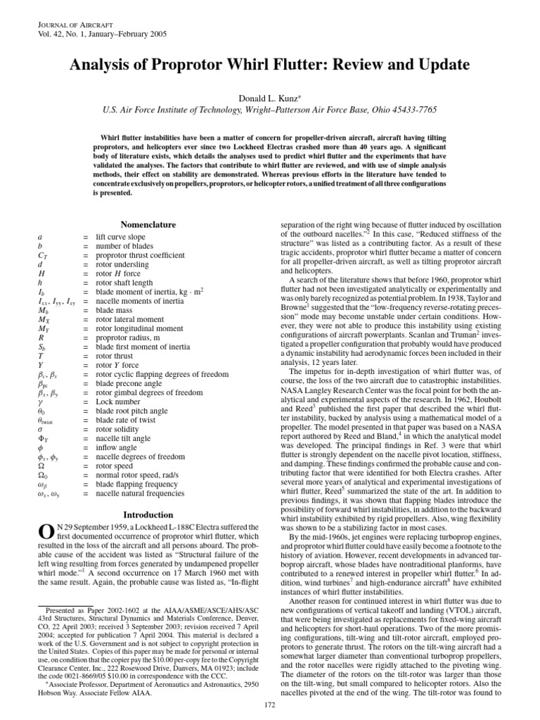 Analysis of Proprotor Whirl Flutter Review and Update Kunz 2005 | PDF | Helicopter Rotor | Aircraft