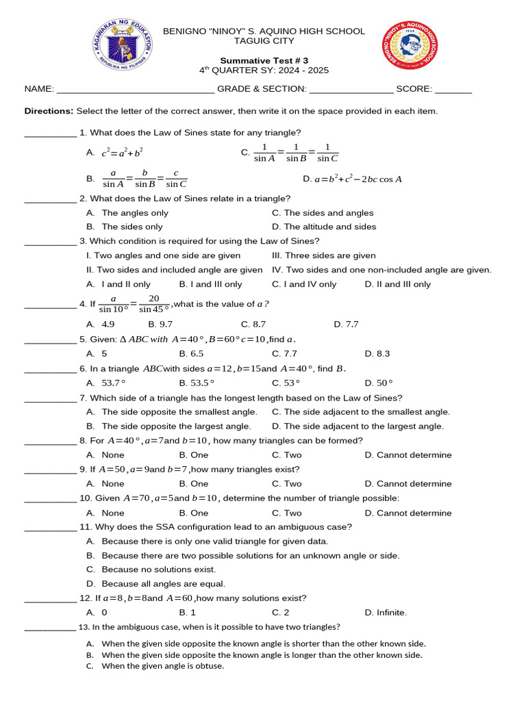 Quarter Iv G9 Summative Test3 Sy 24 25 | PDF | Trigonometric Functions ...