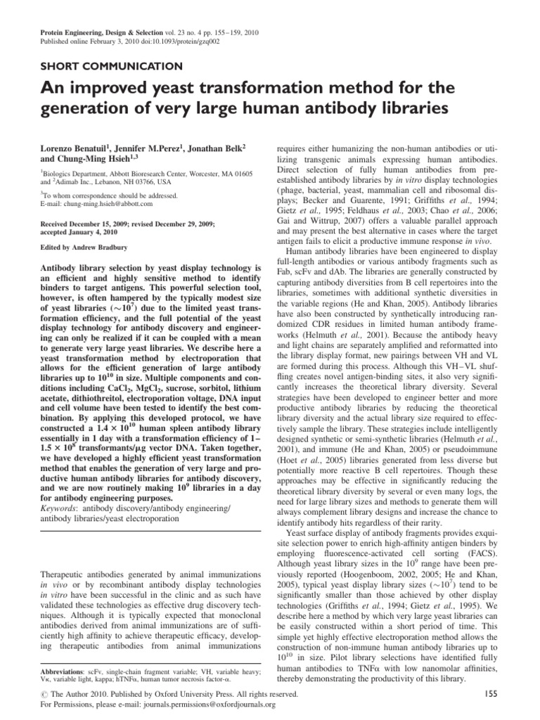 An Improved Yeast Transformation Method For The Generation of Very ...