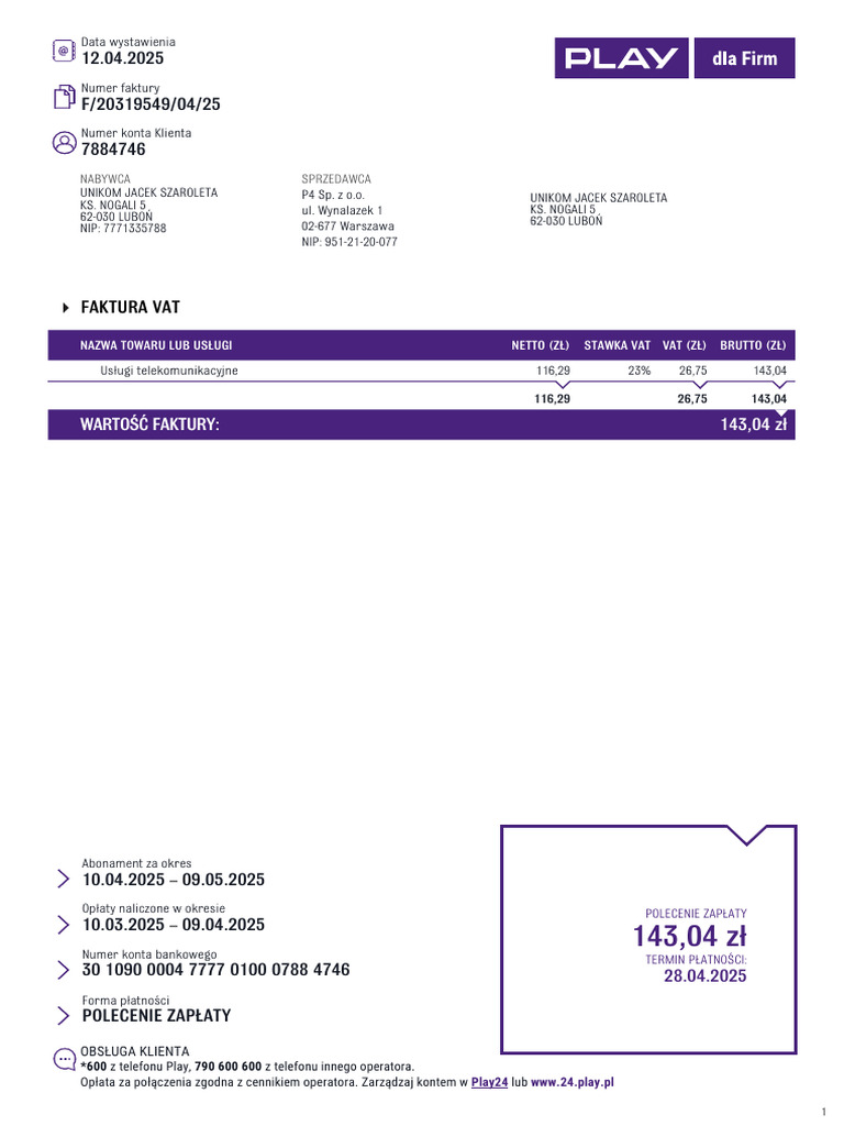 Faktura-F 20319549 04 25-Konto 7884746 | PDF