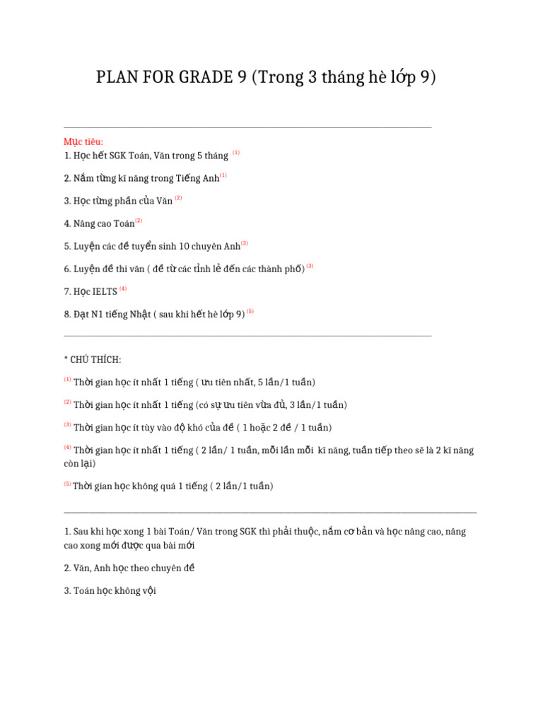 Plan For Grade 9 | PDF