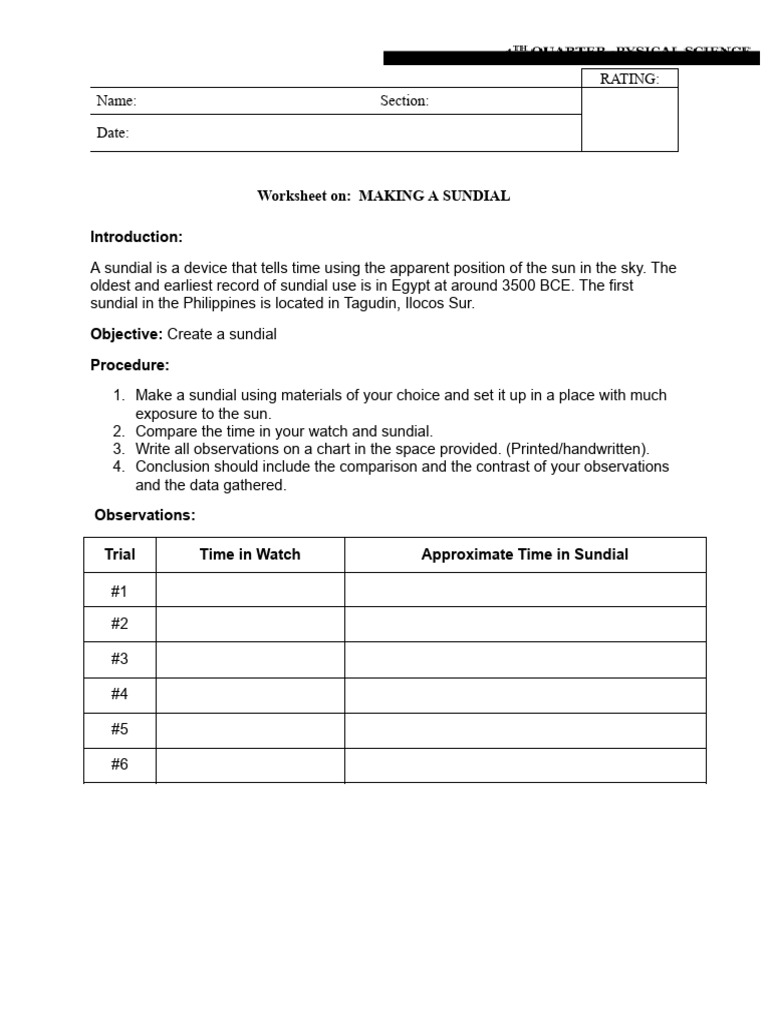 Worksheet on Making Sundial | PDF