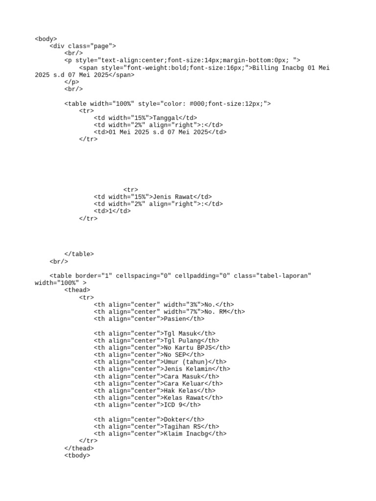 Billing Inacbg 01 Mei 2025 S.D 07 Mei 2025 Tanggal 01 Mei 2025 S.D 07 ...