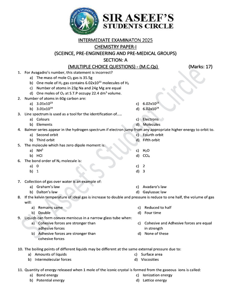Chemistry XI Guess Paper 2025 | PDF