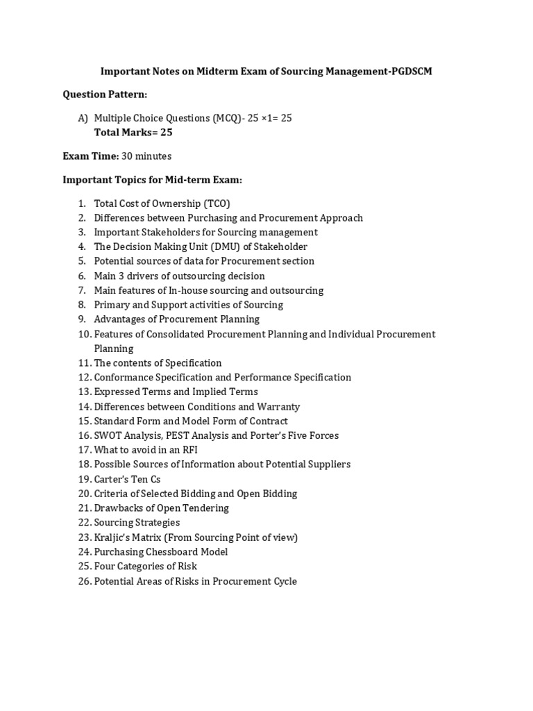 Important Topic For Mid-Term Exam (Sourcing-PGDSCM) | PDF