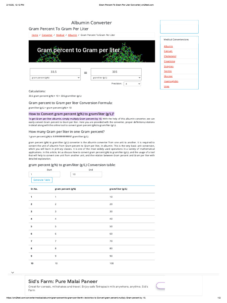Gram Percent To Gram Per Liter Converter | PDF