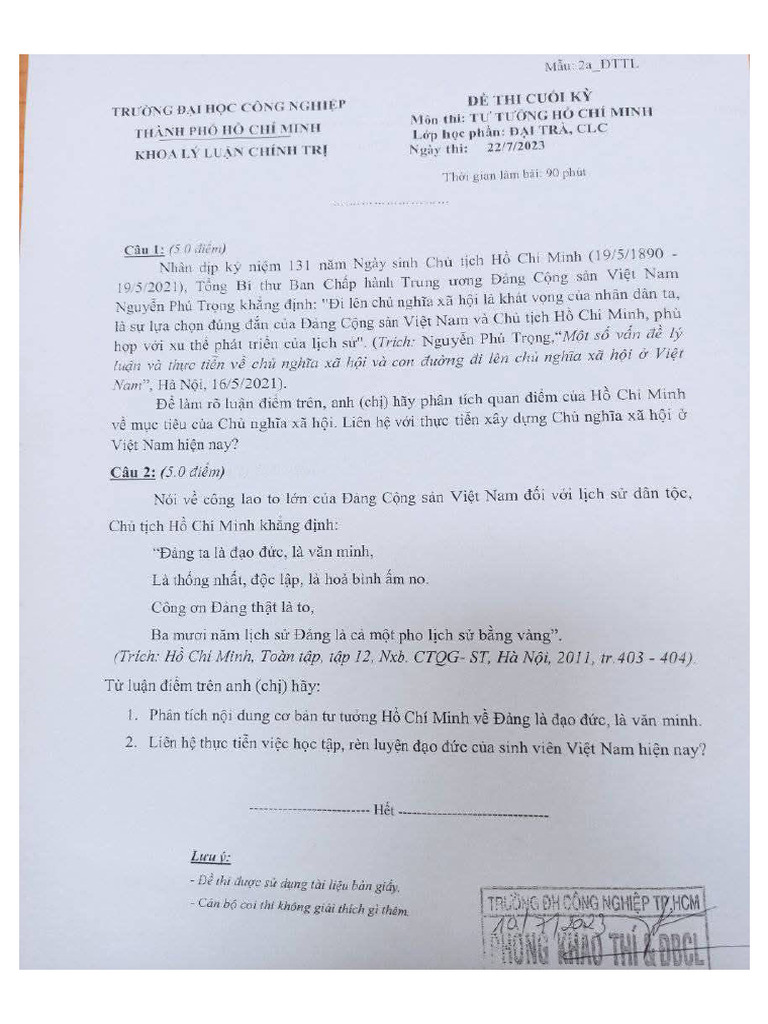 Đề Thi Cuối Kỳ Môn Tư Tưởng HCM- 2023- IUH | PDF