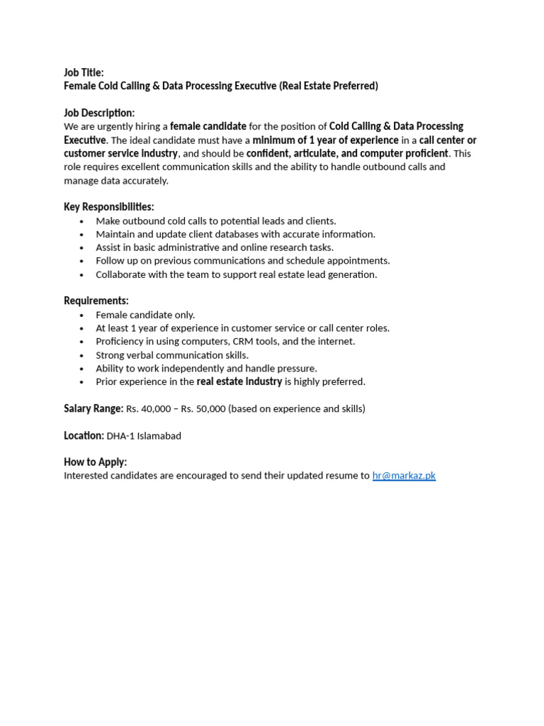 Female Cold Calling & Data Processing Executive | PDF