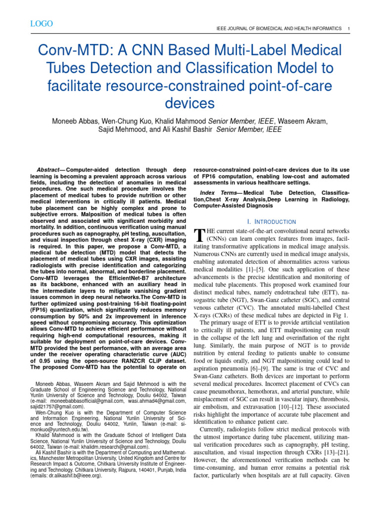 Conv-MTD a CNN Based Multi-Label Medical Tubes Detection and Classification Model to Facilitate ...
