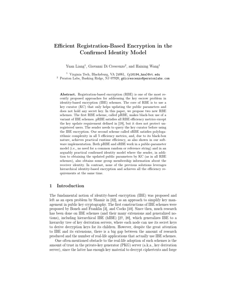 Efficient Registration-Based Encryption in The Confirmed Identity Model | PDF | Encryption | Key ...