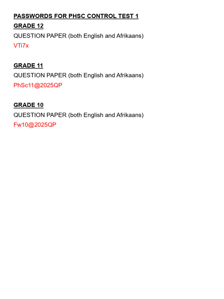 Passwords QP Term 1 PHSC Test 1 GR 10 To 12 2025 | PDF