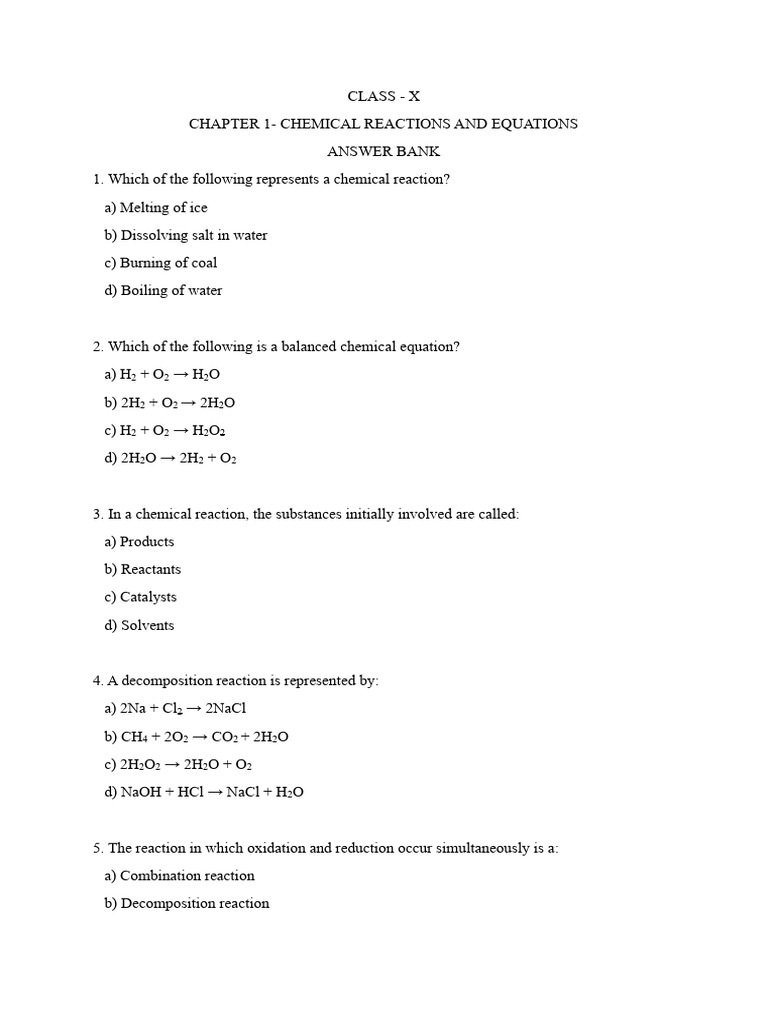 Class10 Chem CH 1 Question Bank | PDF | Chemical Reactions | Redox
