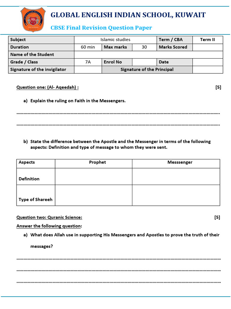 Islamic Studies Revision Paper for Grade 7 | PDF | Prophets And ...