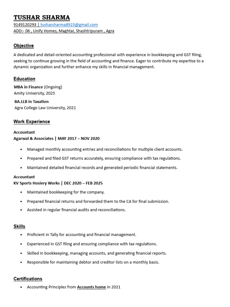 Tushar Sharma Resume - Accounts Executive | PDF
