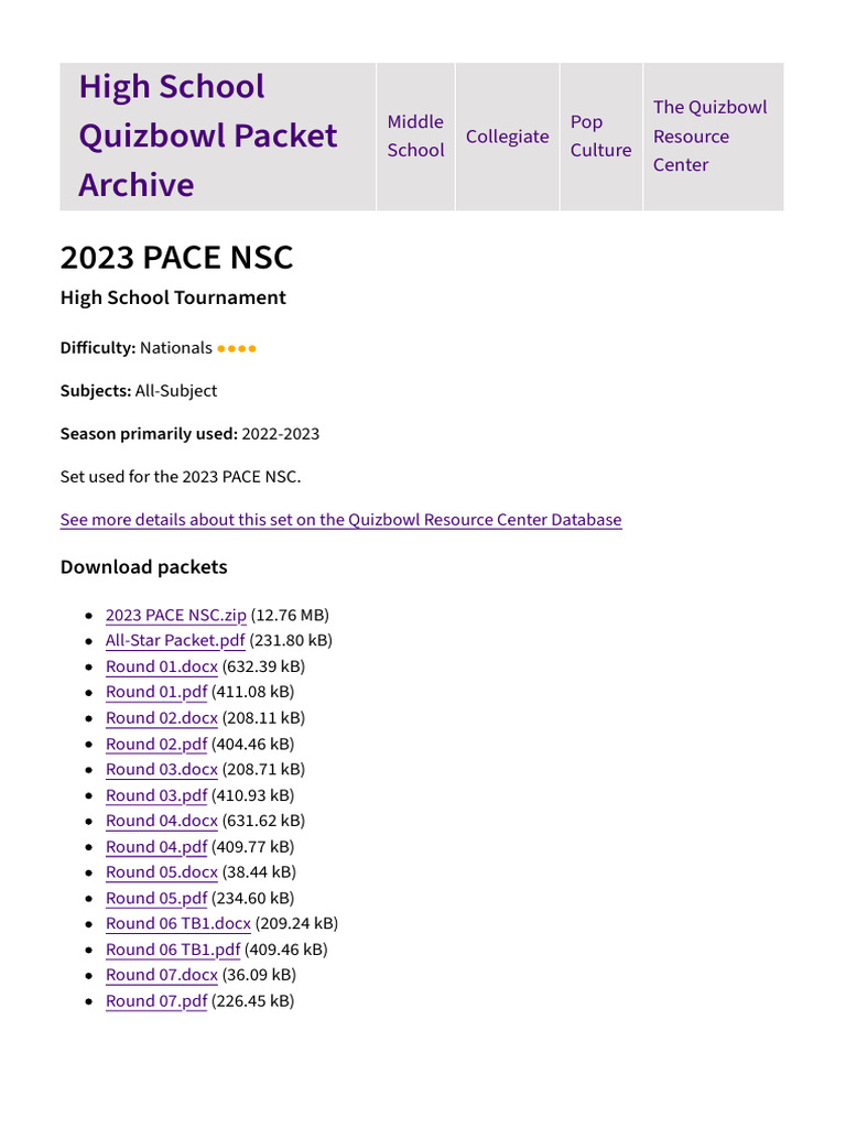 2023 PACE NSC - High School Quizbowl Packet Archive 2 | PDF | Quiz Games | Competition
