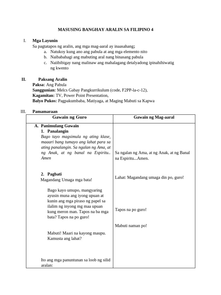 MASUSING BANGHAY ARALIN SA FILIPINO 4as Final Demo | PDF