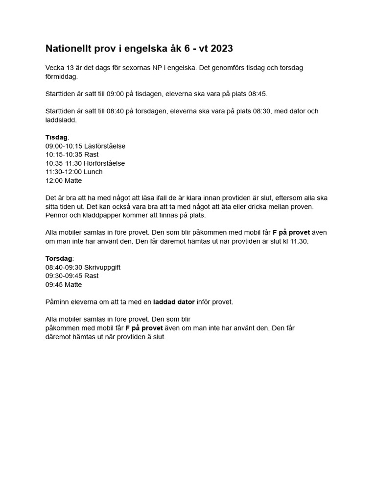 Nationellt Prov I Engelska K 6 - VT 2023 | PDF