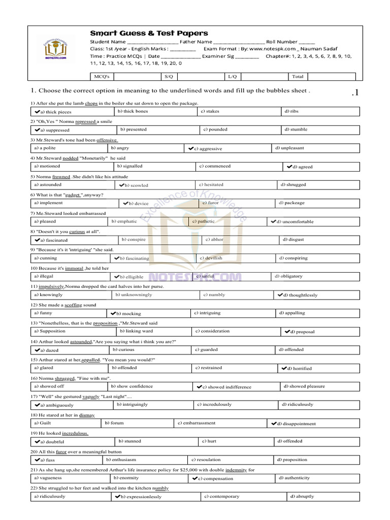 11th English Solved MCQs Synonyms Nauman Sadaf | PDF