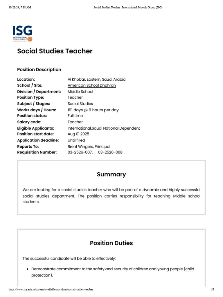 Social Studies Teacher - International Schools Group (ISG) | PDF | Teachers | Curriculum