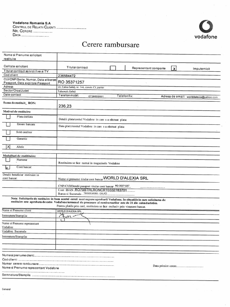 Cerere Rambursare | PDF